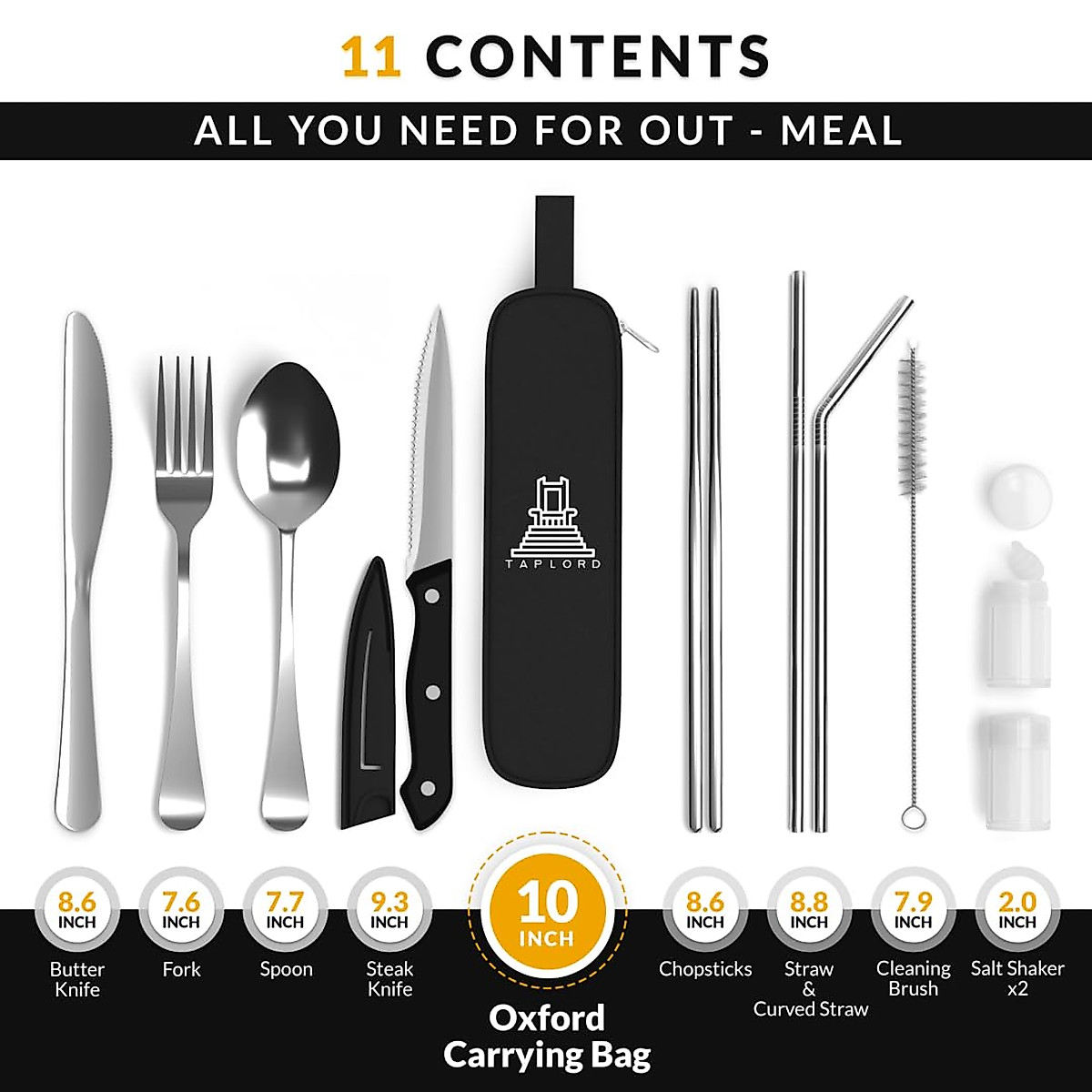 Taplord Portable Travel Silverware Set With Case, Includes 10 Pcs of Travel Utensils With Case, Stainless Steel Flatware Set For Camping, Easy to Travel, Lightweight (Silver)