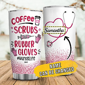 Wassmin Personalized Coffee Scrubs Rubber Gloves Nurse Life Stethoscope Tumbler Cup With Lid Vacuum Insulated Travel Mug 20oz 30oz Birthday Christmas Week Appreciation Gift Nurses Nursing (Pink 2)