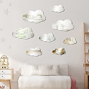 8 Pcs 3D Acrylic Cloud Shape Mirror Wall Art Decor Removable Self Adhesive Decorative Cloud Mirror Stickers Decals for Kids Girls Bedroom Bathroom Playroom Living Room Nursery Decoration