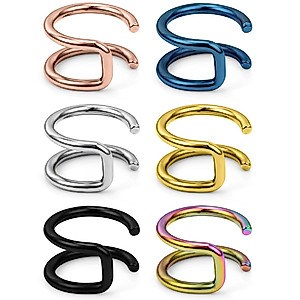 Ruifan 14G Stainless Steel Gothic Clip on Non piercing Double Fake Cuff Lip Nose Ring Septum Hoop Women Men 6pcs