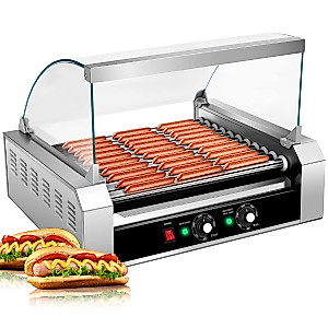 KOTEK Hot Dog Roller Machine, 30 Hot Dog and 11 Non-Stick Roller, Sausage Grill Cooker Machine with Glass Cover, Drip Tray, Dual Temperature Control for Commercial and Household Use (11 Rollers)