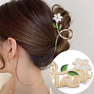 Hair Claw Clips Acrylic Barrette Crab Headband Ponytail Thick Gold Curly Hair Clip Gothic Styling Accessories White Lily Flower Metal 4.3 Inches Non-slip Suitable for Women Beauty Decor