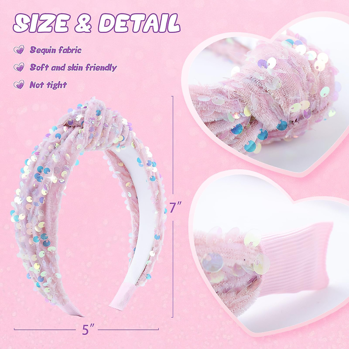 Lanmerry Sequin Knotted Headbands - Sparkly Pink Glitter Velvet Hair Accessories for Girls, Kids 2Pcs