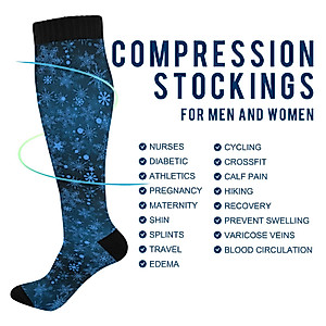 Kigai 1 Pair Winter Blue Snowflake Compression Socks 20-30mmHg Knee High Women Socks Tube Athletic Stockings for Men Sport Soccer Running Cycling Medical Nurse Winter Travel