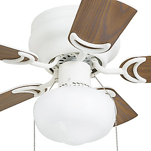 Prominence Home Hero, 28 Inch Traditional Flush Mount Indoor LED Ceiling Fan with Light, Pull Chain, Dual Finish Blades, Reversible Motor - 41530-01 (White)