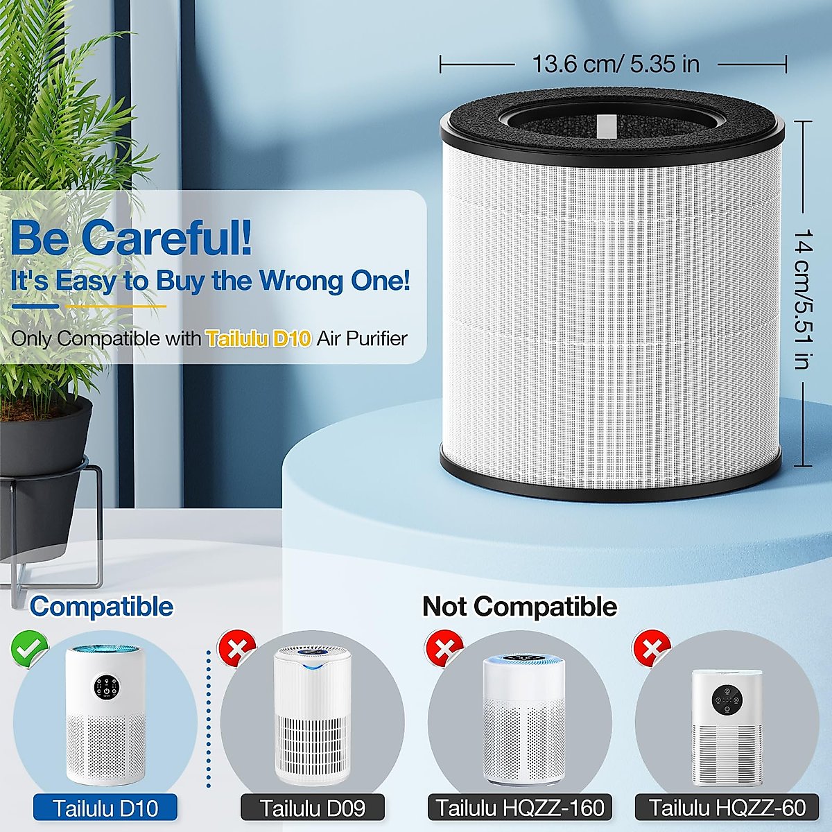 D10 Replacement Filter Compatible with Tailulu D10 HEPA Air Purifier, 3-in-1 H13 Grade True HEPA Replacement Filter, 360 Rotating D10 Filter, 2 Pack