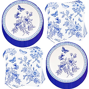 80 Pcs Blue White Flower Party Supplies Blue and White Floral Set 7"Blue White Floral Paper Plates Napkins for Floral Party Theme Bridal Shower Wedding Tea Party Floral Birthday Party Decor |Serves40