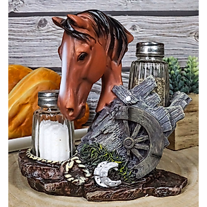 Ebros Country Western Chestnut Brown Stallion Horse By Farm Wagon Wheel Lasso Horseshoes Salt And Pepper Shakers Holder Figurine Set 6.25"High Old Fashioned Rustic Decor Statue (Chestnut Brown)