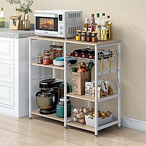 Wellynap Bakers Rack, 3-Tier Microwave Stand for Kitchens with Storage, Utility Storage Shelf with 5 Hooks and Basket for Spice Rack, White Oak