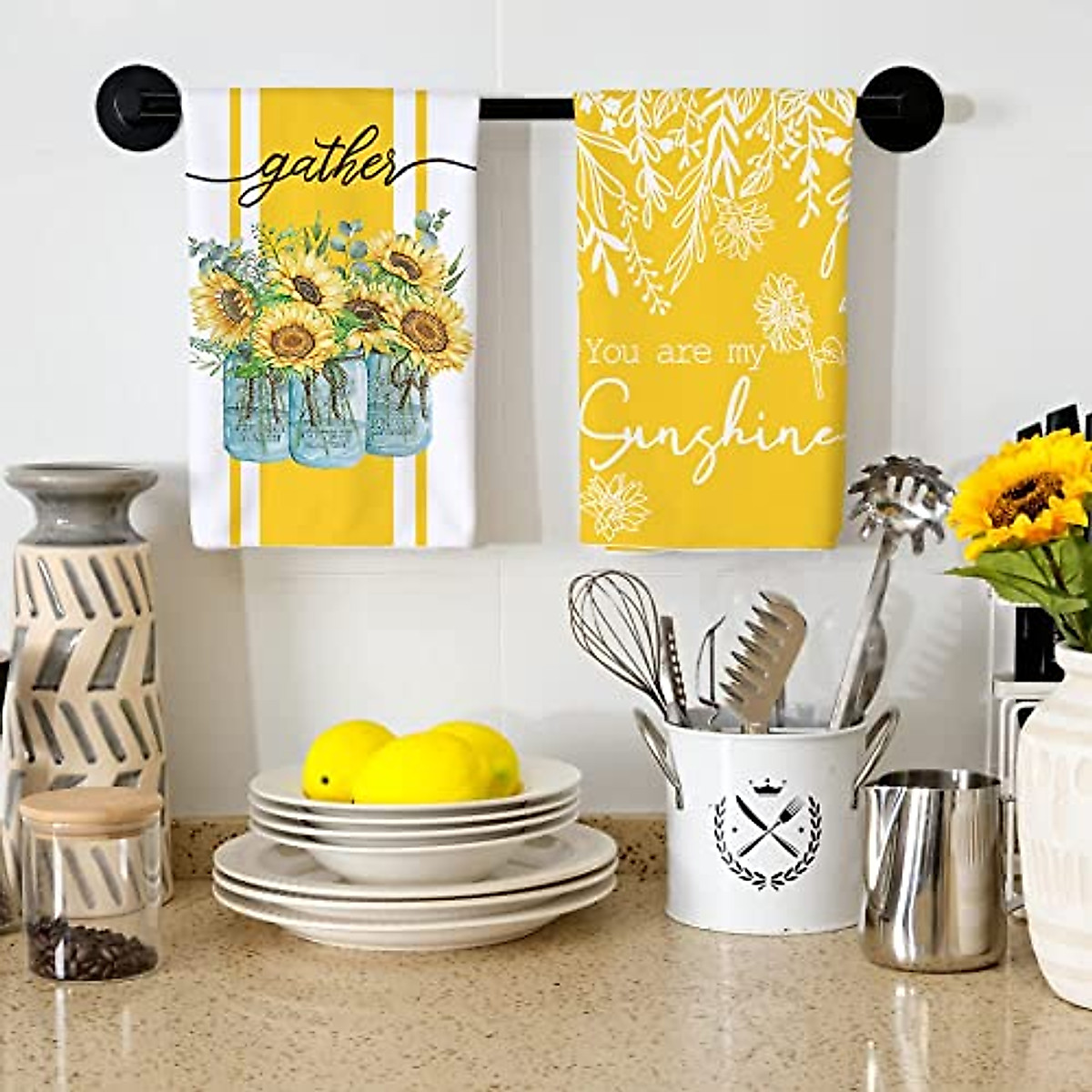 GEEORY Kitchen Towels for Summer Decor Sunflowers Mason Jar Dish Towels 18x26 Inch Ultra Absorbent Bar Drying Cloth Hand Towel for Kitchen Bathroom Party Home Decorations Set of 2