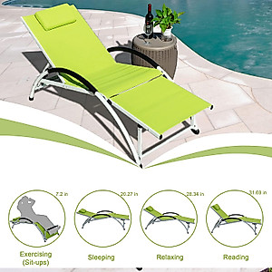 Sundale Outdoor Adjustable Patio Chaise Lounge, 6 Position Lounge Chair, All Weather Outdoor/Indoor Lounge for Reading, Meditation, Sleeping, Exercising, Green
