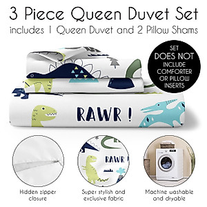 Sweet Jojo Designs Blue Green Modern Dinosaur Boy Queen Duvet Cover Bedding Set Full Size Bed Comforter Case Shams 3pc - Turquoise Navy Boho Bohemian Mod Dinosaurs Prehistoric Grey and White Volcano