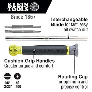 Klein Tools 80021 Tool Set, Screwdriver and Nut Driver Tool Kit with Assorted Tips, 16-Piece & 32581 4-in-1 Electronics Screwdriver Set with Precision Machines Bits: 2 Slotted, 2 Phillips, 4-Piece