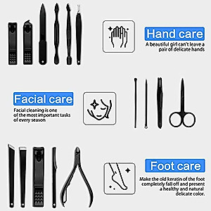 Manicure Kit Nail Clippers Set Stainless Steel Professional Pedicure Black 15 Pieces Grooming Scissors Cutter Ear Pick Tweezers Scissors Eyebrow file for Man&Women gift (black/blue_15in1)