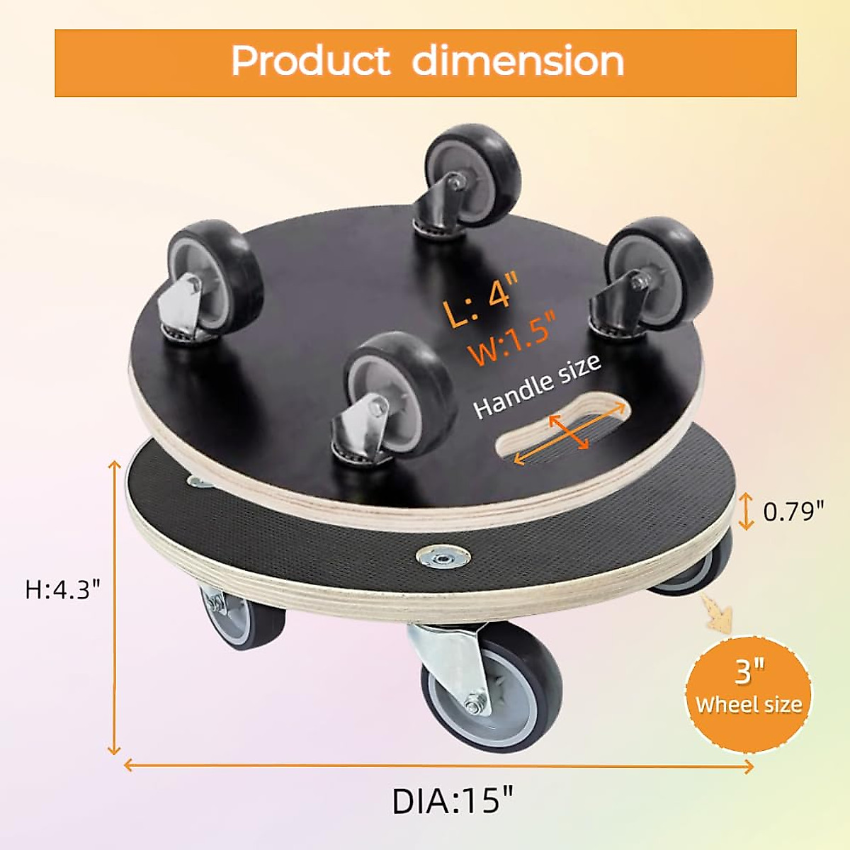 15-Inch Round Wood Platform Dolly with TPR Silent 3" Wheel, 551-lb Load Capacity Heavy Duty Wood Furniture Dolly, Multifunctional Movers Carrier,Plant Dolly, One Pack