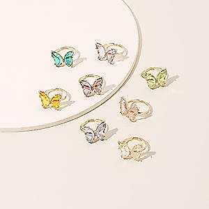 8 Pcs Gold Plated 3D Butterfly Rings Acrylic Adjustable Open Colorful Crystal Bowknot Shaped Band Rings for Women Finger Jewelry (transparent)