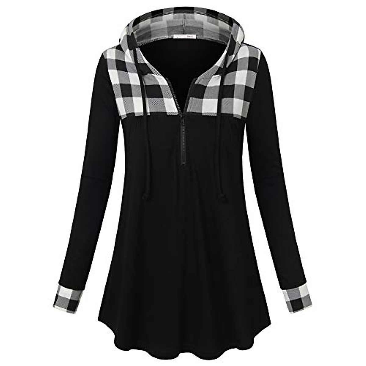 Messic Long Shirts for Leggings for Women, Tops to Wear with Leggings Cute Zip Vneck Pullover Tunic Tops Casual Comfy Lightweight Color Block Plaid Hooded Shirts for Women Black#2 XL