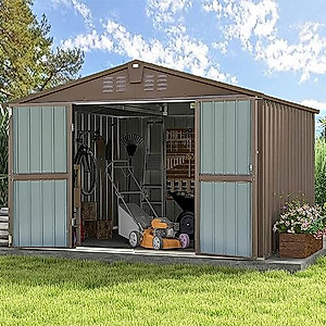 UBGO Large Metal Storage Shed,10x8ft Sheds & Outdoor Storage,Patio Storage Cabinet with Lockable Door,Tool Cabinet with Vents Steel Garden Tool Shed for Patio,Lawn to Store Bikes,Tools,Lawnmowers,Gray