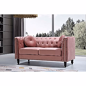 Container Furniture Direct Kittleson Velvet Chesterfield Loveseat for Living Room, Apartment or Office, Mid Century Modern Diamond Tufted Couch with Nailhead Accent, 64.17", Natural Pink