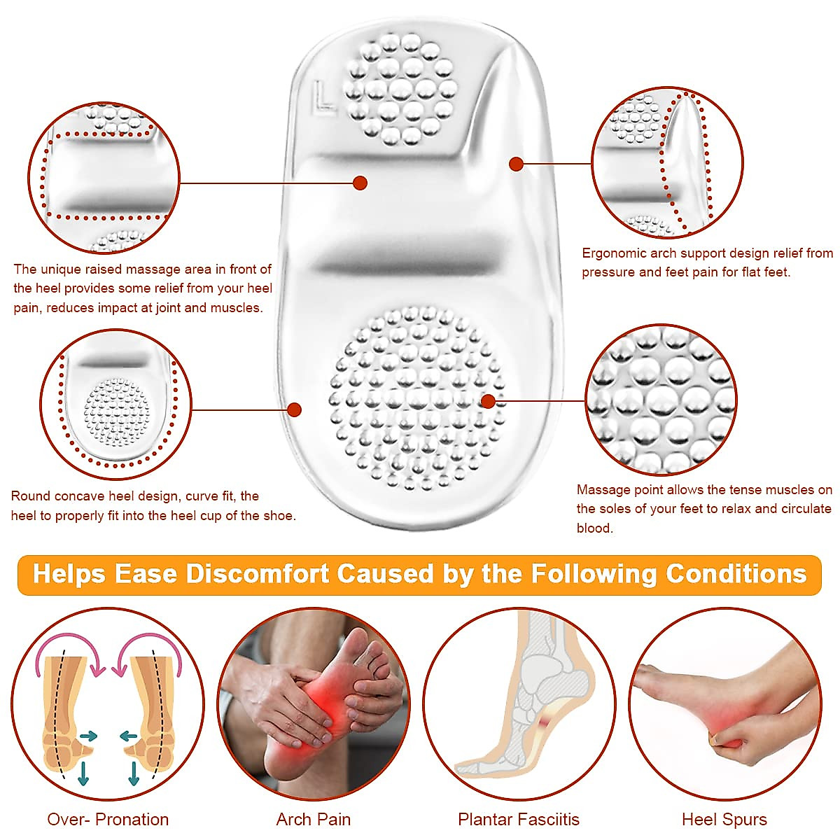 Heel Cushions Cups Shoe Insoles for Achilles Tendinitis, Plantar Fasciitis, Arch Support Shoe Inserts for Flat Feet, Gel Heel Pads for Heel Pain, Heel Spurs-Two Pairs (Small, Clear)