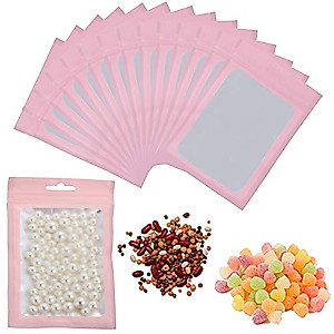 Resealable Smell Proof Bags 100PCS Mylar Ziplock Food Storage Bags with Clear Window and Euro Hang Hole Odorless Mylar Bags Heat Seal Pouch Food Safe Storage (Pink, 4 x 6 Inch)