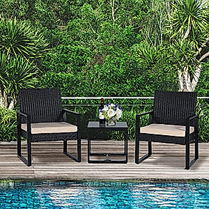ABCCANOPY 3 Pieces Patio Furniture Sets,Rattan Chair Wicker Conversation Sets,Two Rattan Chairs with Glass Coffee Table,Garden Balcony Backyard Poolside (Black)