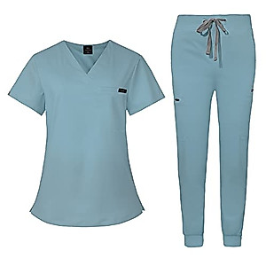 VIAOLI Scrubs for Women Set Stretchy V-Neck Scrubs Top and Jogger Pants with Drawstring 8 Pocket Womens Scrubs (Light Blue,S,Small)
