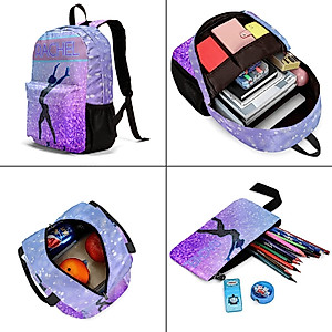 Personalized Gymnastic Bling Print Purple Student Backpacks Set with Name Large Unique 1Lunch Handbag +1Pencil Case +1Schoolbag