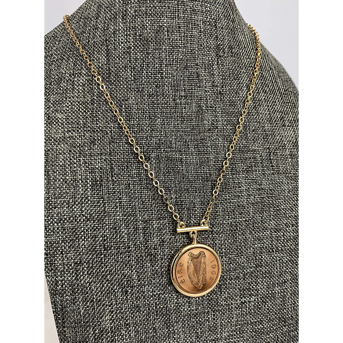 American Coin Treasures Irish Penny Coin Pendant Bar Necklace | Goldtone Flat Cable | 18 Inch 3 Inch Extender with Lobster Claw Clasp | Certificate of Authenticity