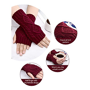 SATINIOR 4 Pairs Women Warm Knit Winter Fingerless Gloves Thumbhole Arm Warmers Mittens (Black, Navy Blue, Khaki, Wine Red)
