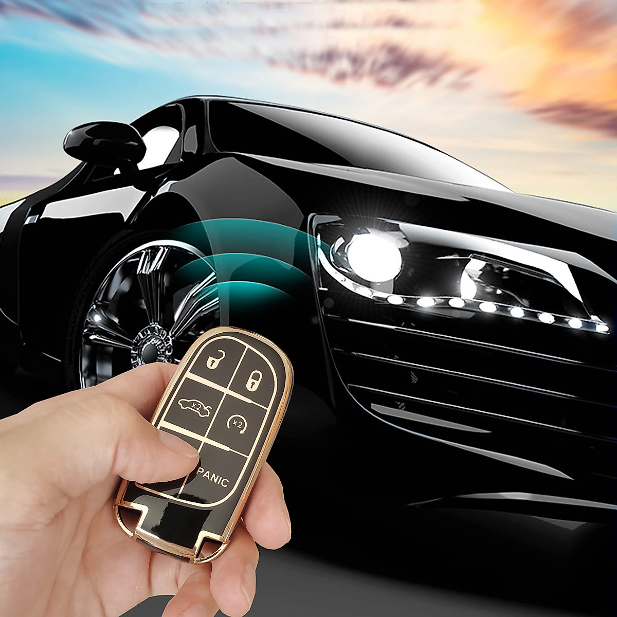 TAPAYICA for Jeep Key Fob Cover,Keychain, TPU Key Fob Shell Fit for Grand Cherokee Renegade Chrysler 200 300 Dodge RAM Durango Challenger Journey Dart Fiat (Black)