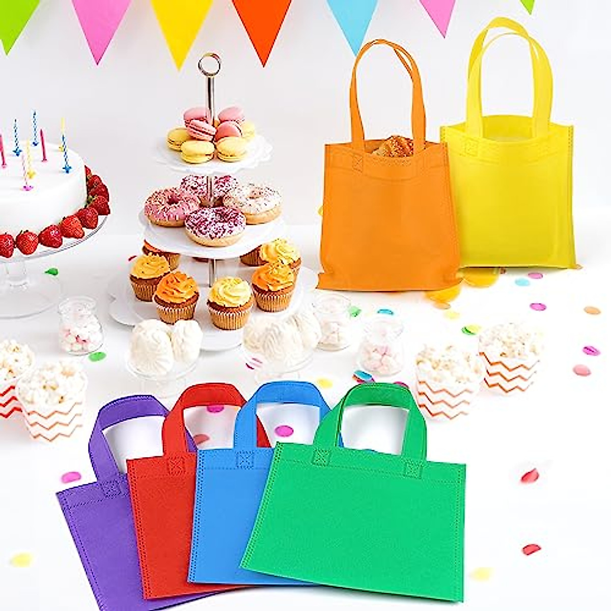 Aneco 30 Pieces 8 by 8 Inches Non-Woven Bags Birthday Party Bags Easter Egg Hunt Bags Rainbow Colors Gift Bag with Handles for Party Favor, 6 Colors