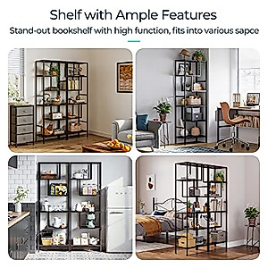 LINSY HOME Bookshelf, 5 Tier Wood and Metal Book Shelf, 68 Inches Display Tall Bookcase, Open Display Shelves for Living Room Bedroom Home Office, Black