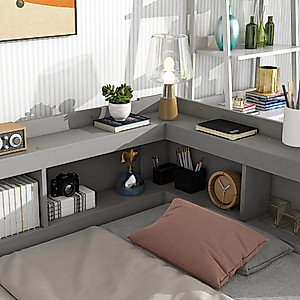 DNChuan Twin Size L-Shaped Corner Daybed with Bookcase Headboard,Captains Bed with Underneath Storage Drawers for Kids Adults,No Box Spring Needed,Grey
