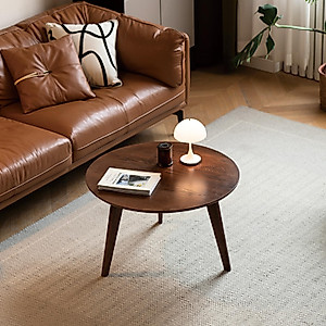 Grewood Round Coffee Table - 100% Solid Oak Wood Coffee Table with Three-Legged - Small End Table, Round Side Table for Living Room (Walnut Color)
