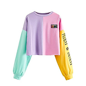 SweatyRocks Women's Pullover Letter Print Color Block Long Sleeve Crop Top Sweatshirt Multi-1 Small