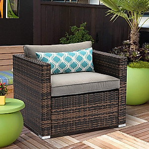 HOMPUS Outdoor Single Chairs All Weather Handwoven Mottlewood Brown Rattan w Warm Grey Cushion w Pillow for Garden, Poolside, Backyard