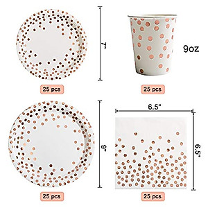 175 Pieces Rose Gold Party Supplies - Rose Gold Dot on White Paper Plates and Napkins Cups Silverware Serves 25 Sets for Wedding Bridal Shower Engagement Birthday Parties