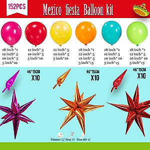 Mexican fiesta cinco de mayo independence Themed Balloon Garland Arch Kit 152 Pieces Hot Pink Red Yellow Orange Blue green Balloons for Mexico Birthday and Baby Shower Party Supplies Decoration