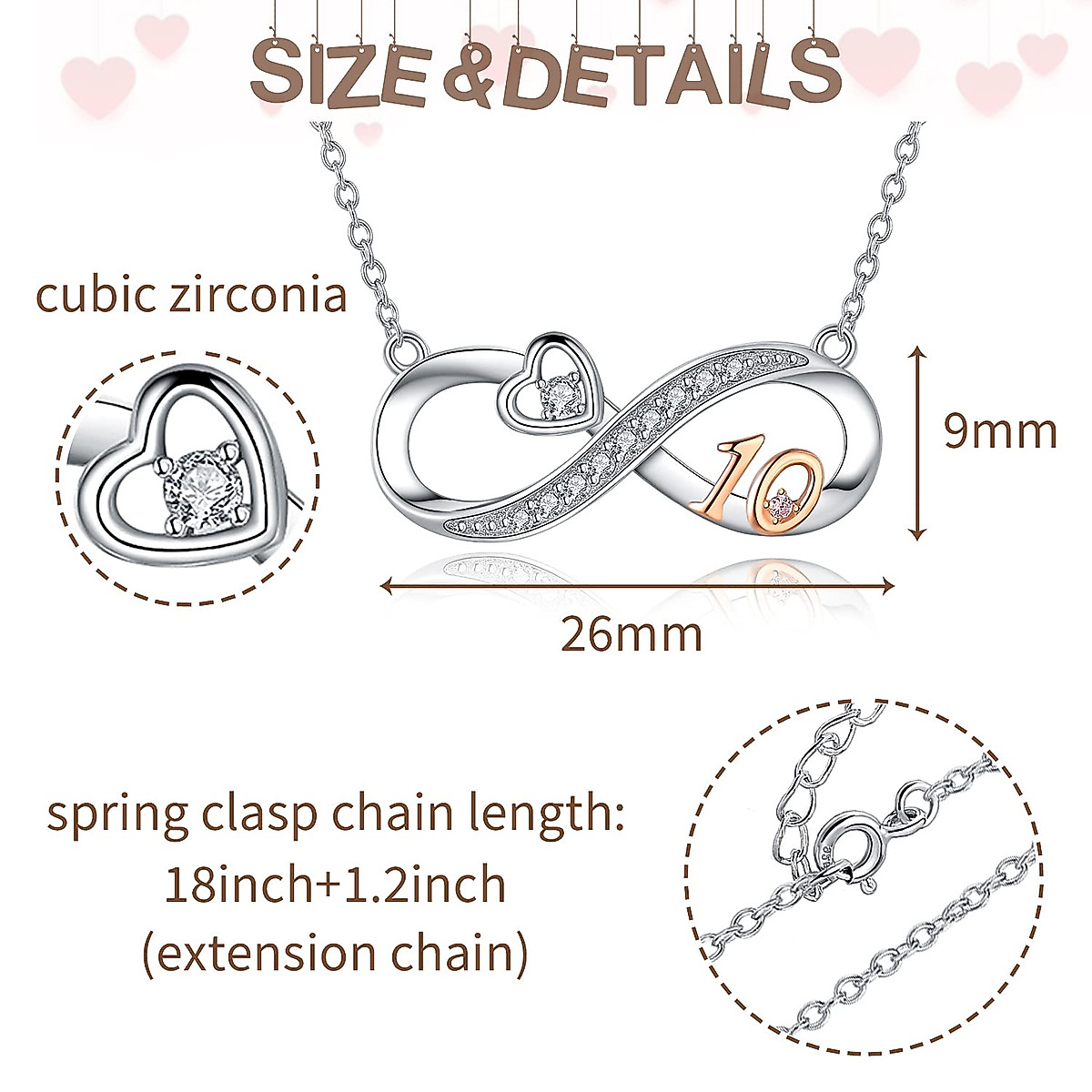 URMWMOO Number Necklace 925 Sterling Silver Infinity Love Heart Anniversary Pendant Necklaces Jewelry 10th Gifts Wedding Valentine Birthday Graduation Gift for Her