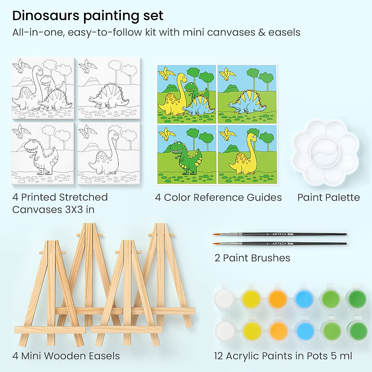 ARTEZA Kids Dinosaur Painting Kit, 4 Canvases 3 x 3 Inches, 4 Easels, 12 Acrylic Paints, 2 Paint Brushes, 1 Palette, Kids Activities for Ages 6 and Up