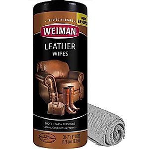 Weiman Leather Cleaner Kit Leather Wipes (30 Count) and Microfiber Cloth - Clean and Condition Car Seats and Interior, Shoes, Couches and Other Leather Surfaces