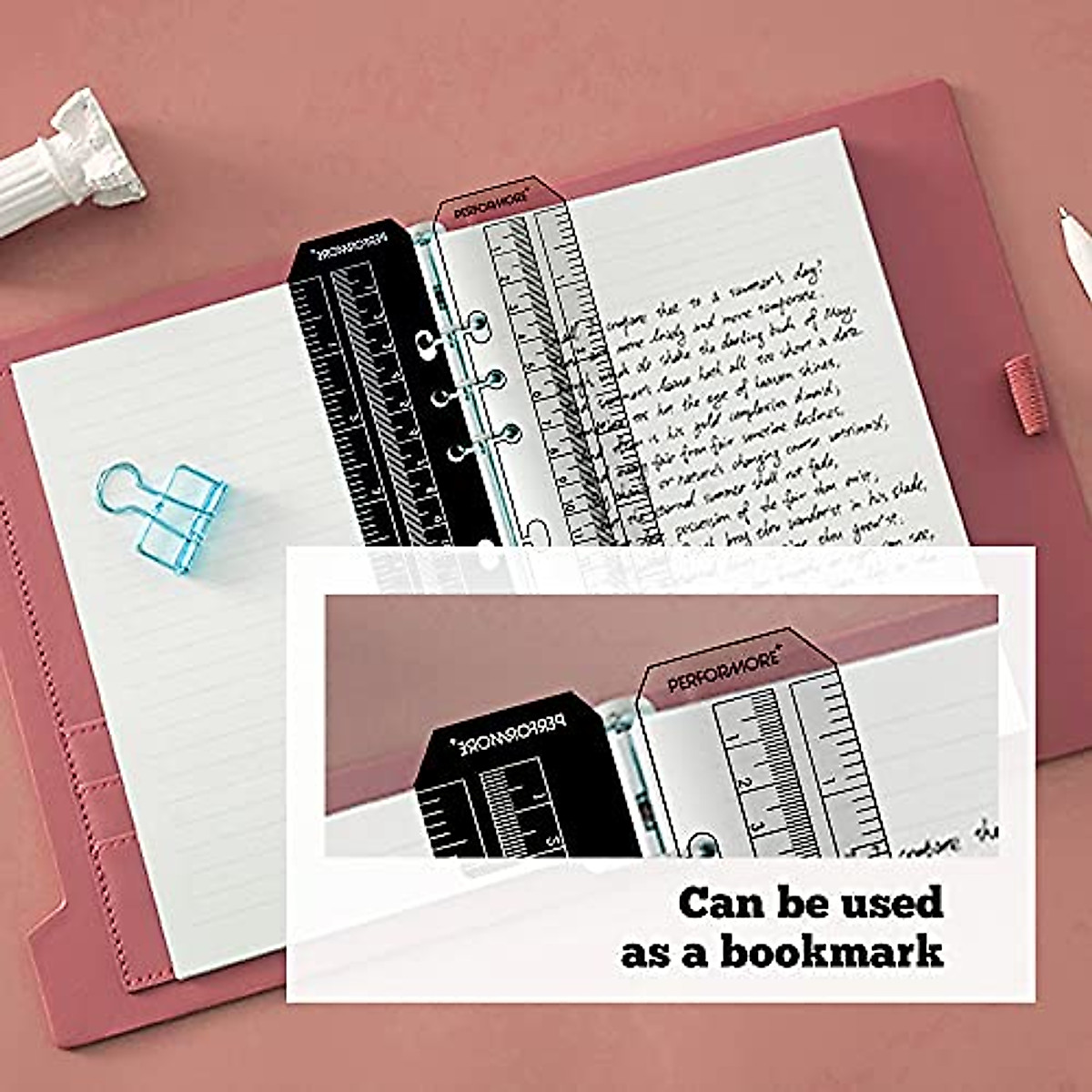 PERFORMORE 2 Pack of Snap-in 8” Bookmark Rulers, Black and Clear Plastic Page Marker Divider Pagefinder Measuring Today Ruler for A5 Size Binder Notebook Planner with Up to 7-Hole Ring Configuration