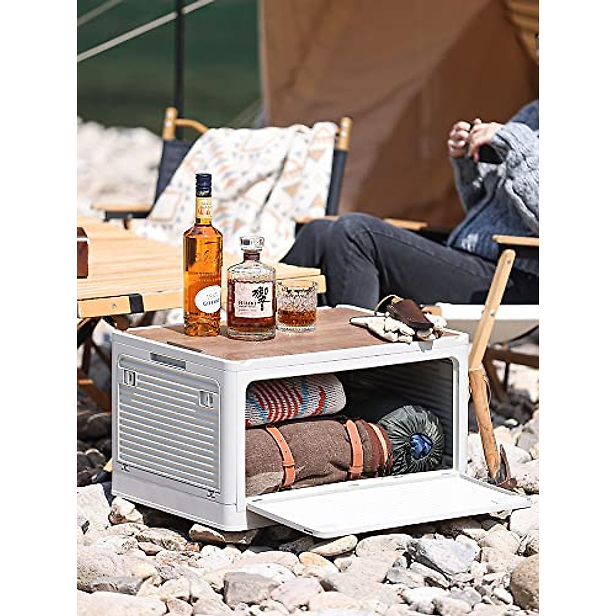 Radefasun Foldable Storage Bins with Wood Lids Plastic Collapsible Storage Box with Cutting Board Portable Stackable Grocery Container Folding Latching Storage Crate with Removable Pulley (S, White)