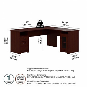 Bush Furniture Cabot 72W L Shaped Computer Desk with Storage in Harvest Cherry