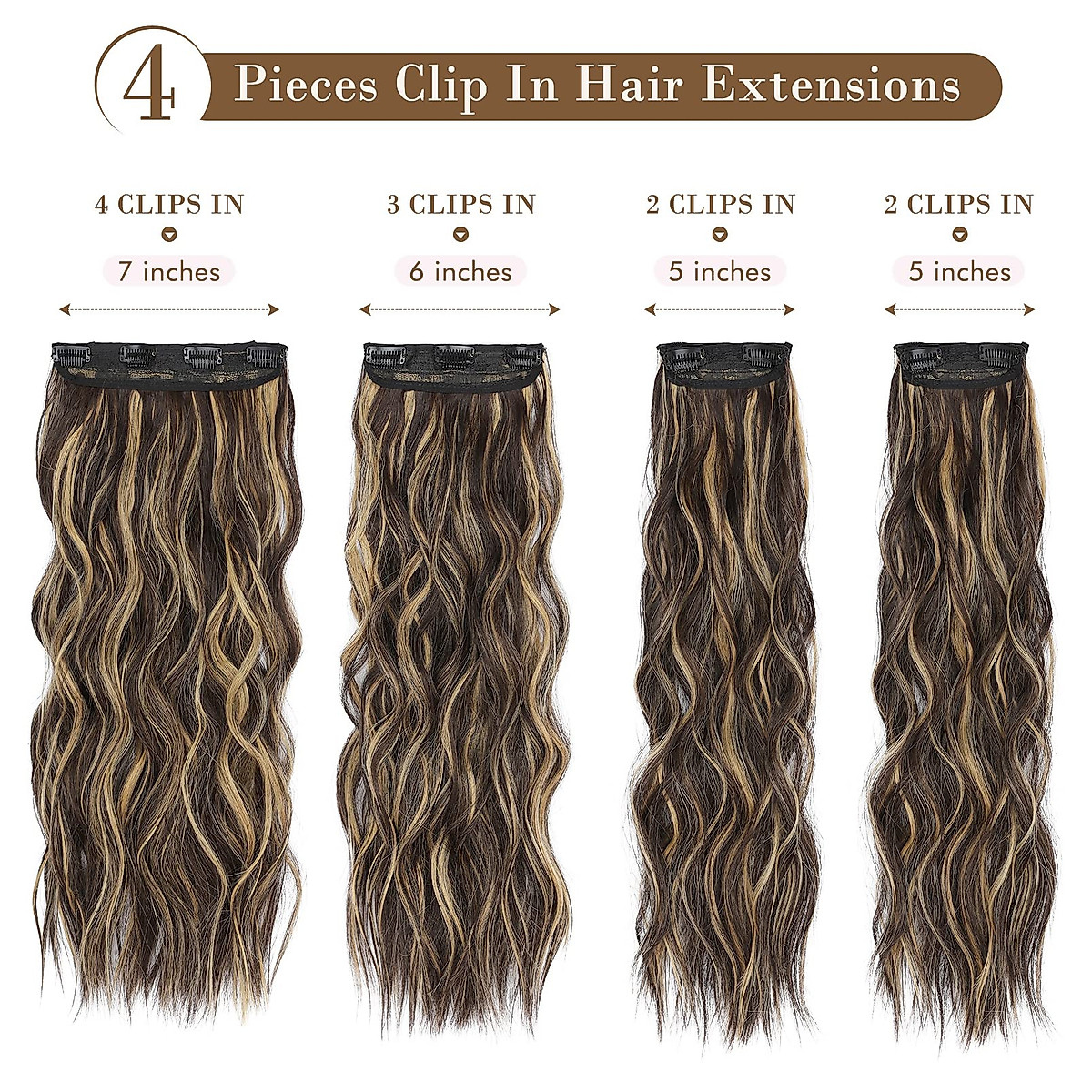 REECHO Hair Extensions, 4PCS Clip in Hair Extensions HE001 Natural Soft Synthetic Hairpieces for Women, Dark Brown with Blonde Highlights