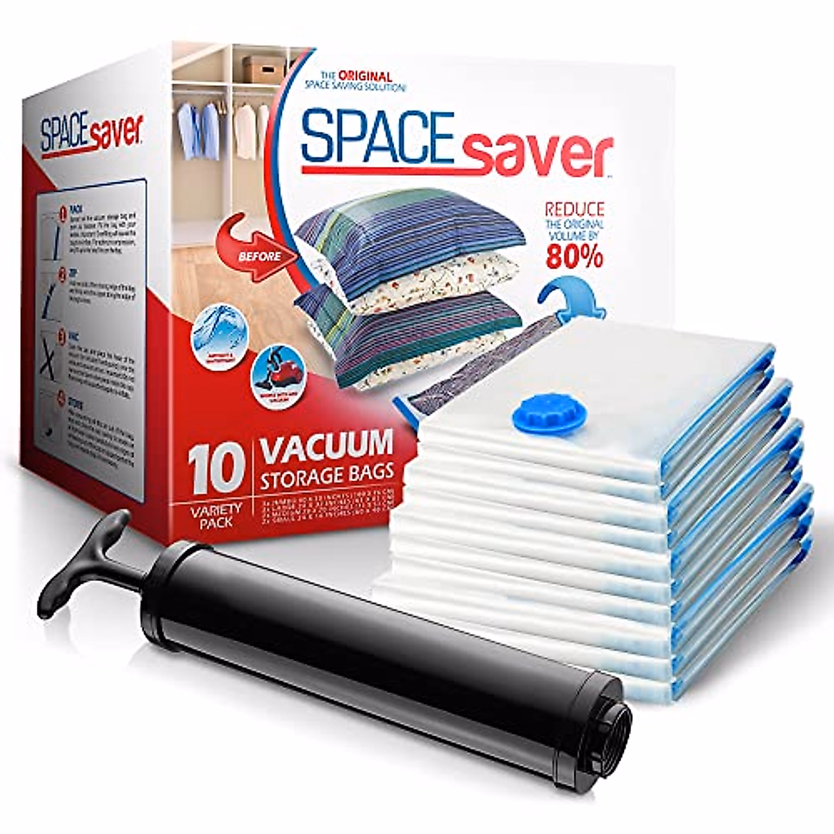 Spacesaver Vacuum Storage Bags (Variety 10-Pack) Save 80% on Clothes Storage Space - Vacuum Sealer Bags for Comforters, Blankets, Bedding, Clothing - Compression Seal for Closet Storage. Pump for Travel.