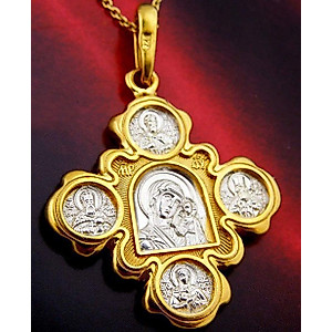 Image of the Christ The Savior Russian Neck Cross Pendant Kazan Icon of the Mother of God With Main Saints Healers - 2 Sided, Silver Gold Plate 1 1/4 Inch