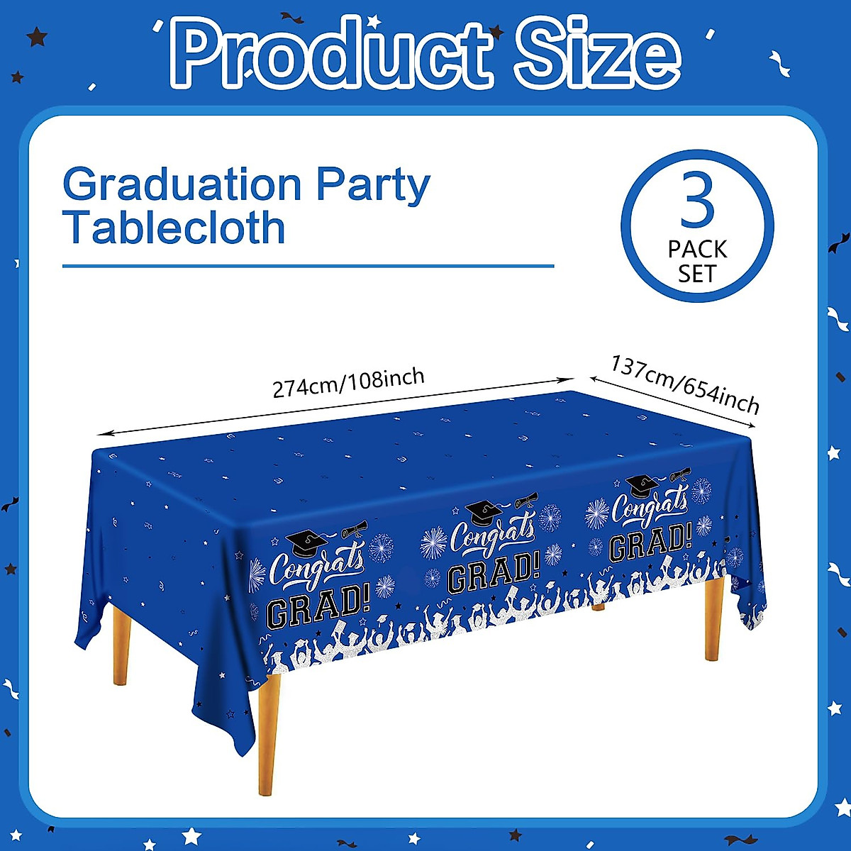 JVORFDG Graduation Party Decorations 2024 Congrats Grad Table Cover for Graduations Party Supplies 3pcs Blue Tablecloth 54 x 108 Inch