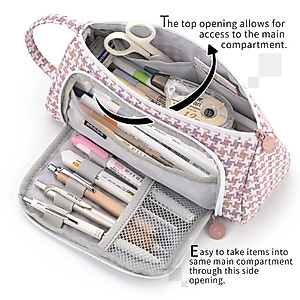 EASTHILL Big Capacity Pencil Case Canvas High Large Storage Pouch Marker Pen Case Simple Stationery Bag School College Office Organizer for Teens Girls Adults Student-Plaid Pink